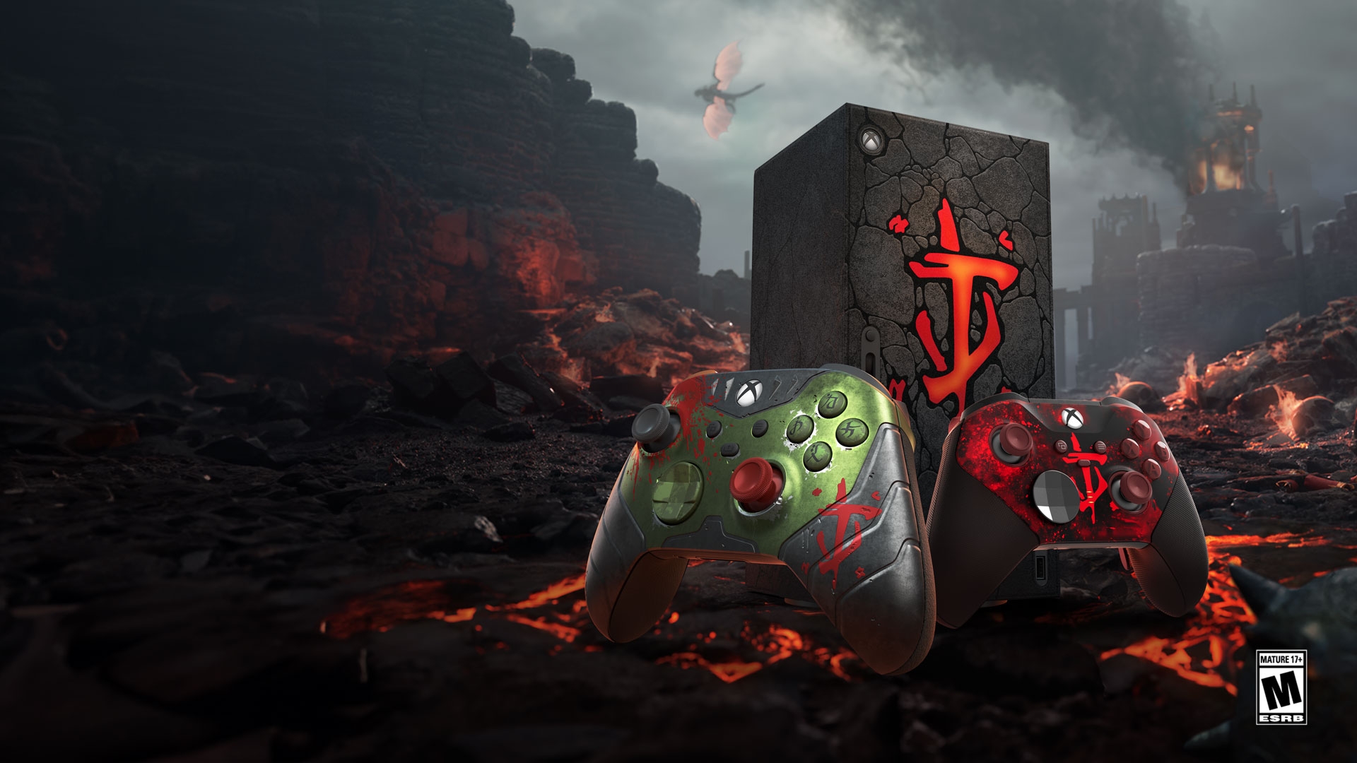 Microsoft enthüllt zwei Controller und ein Xbox Series X-Gehäuse in den Farben von DOOM: The ...
