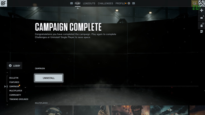 Once the Battlefield 6 campaign is completed, a message prompts you to ...