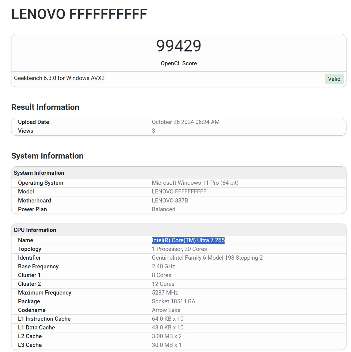 Geekbench ha filtrado las especificaciones del Intel Core Ultra 7 265 ...